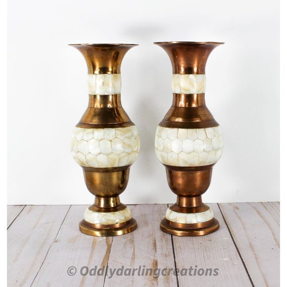 Unbranded | Accents | 2 Vintage Brass Vase With Mother Of Pearl Inlay ...